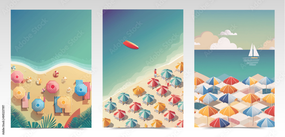 Summer cover set. Sea, beach, umbrellas and sun: vector illustration ...