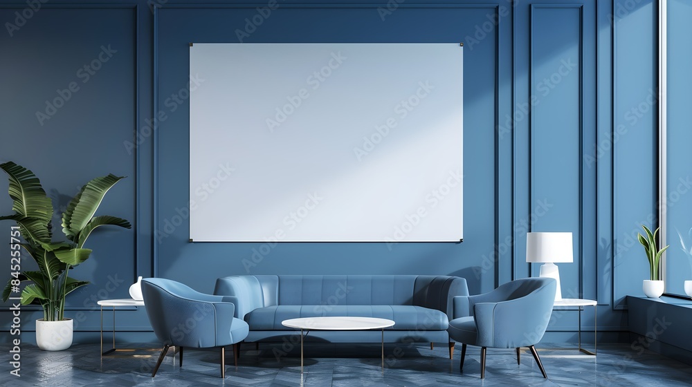 Modern blue meeting room interior with furniture and blank white mock ...
