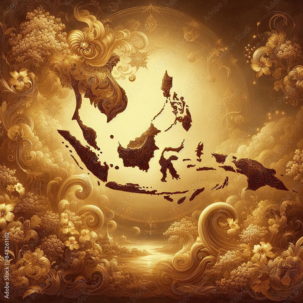 Classic Indonesian map painting with traditional gold background! Stock ...