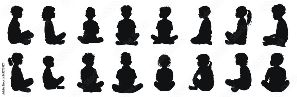 Kids sitting silhouettes vector black and white illustration. Children ...