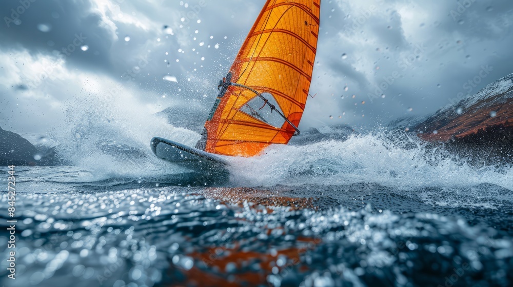 photograph of A windsurfer catching speed across a windy lake, the sail ...