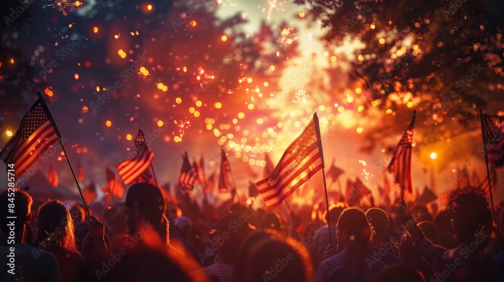 Musicians performing at a patriotic concert, crowd waving American ...