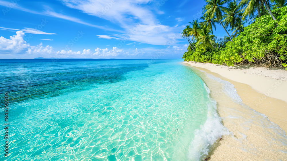 maldives A pristine tropical beach with clear turquoise water and white ...