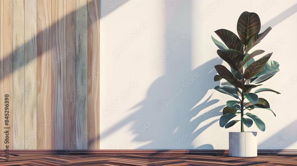 White cladding panel wall with rubber tree plant, Wood floor, Interior ...