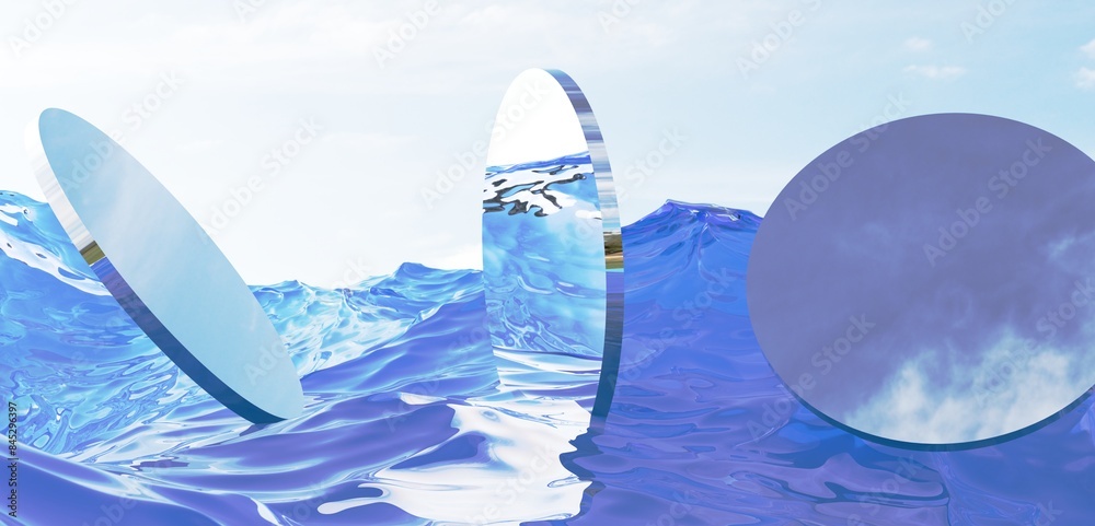 3d Disc shaped mirrors floating above the ocean surface surrounded by ...