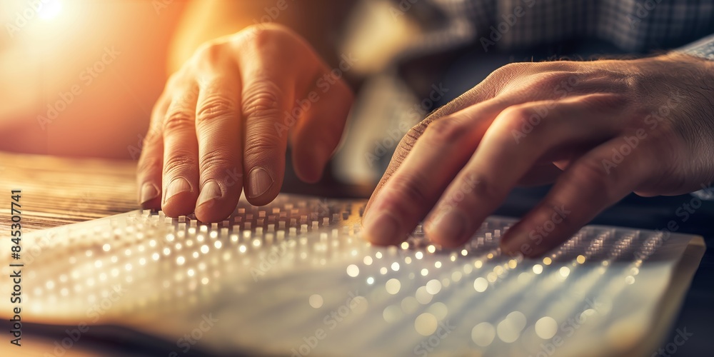 An insightful close-up image of hands moving over a Braille text ...