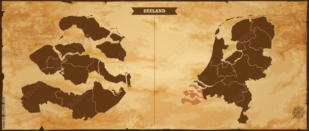 Zeeland state map, Netherlands map with federal states in A vintage map ...