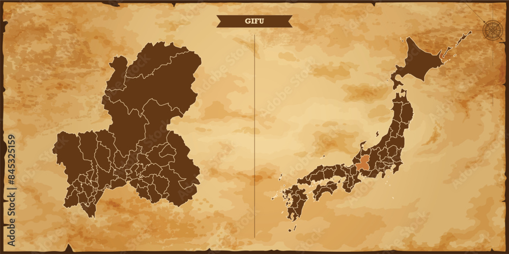 Gifu state map, Japan map with federal states in A vintage map based ...