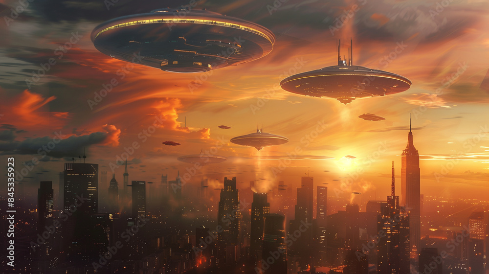 UFO hovering over modern city buildings in the light of the setting sun ...