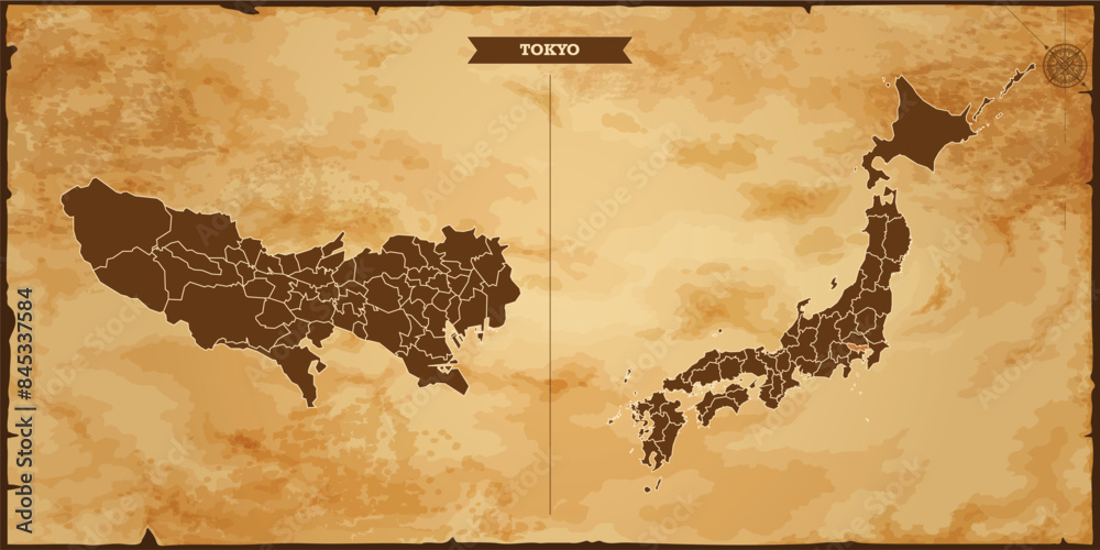 Tokyo state map, Japan map with federal states in A vintage map based ...