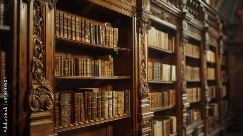 Antique bookcase in a dimly lit library, the wooden shelves filled with ...