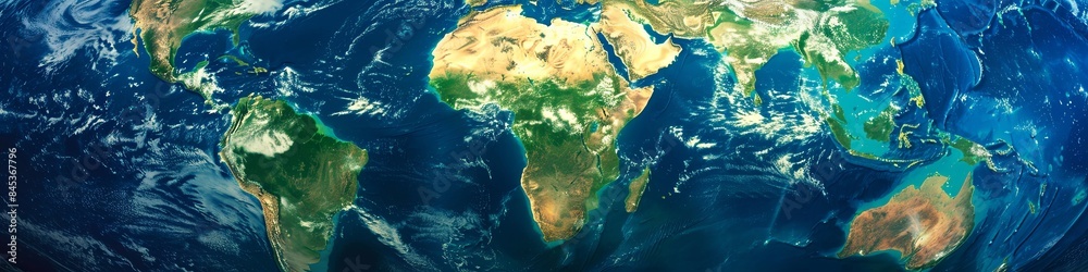 Flat view of the Earth from space. Detailed physical map of the world ...