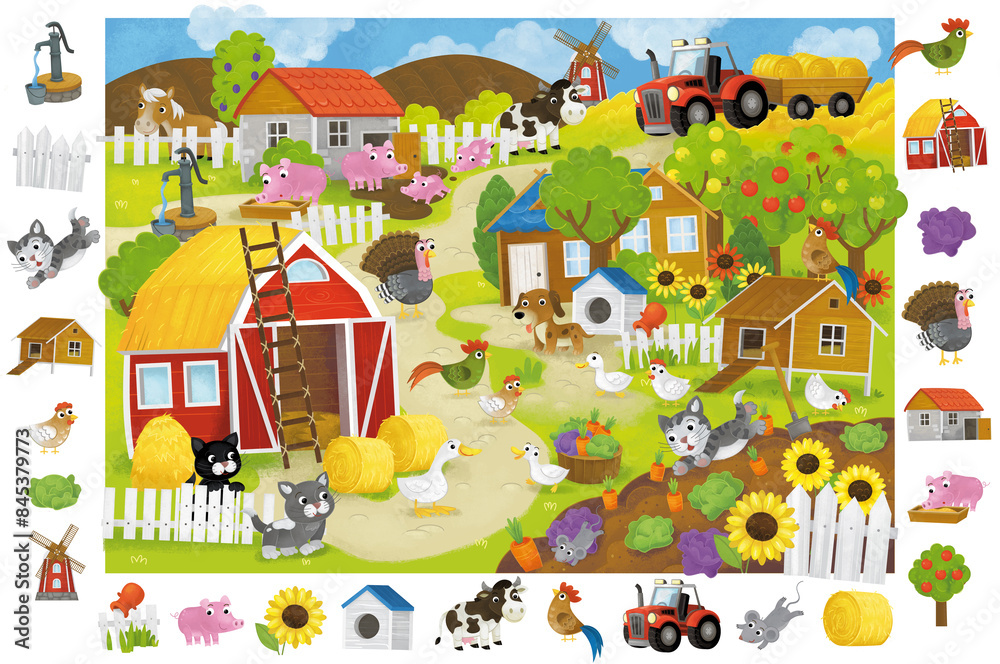 cartoon scene with farm board game page with farm village ranch finding ...
