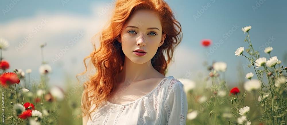 Young beautiful redhead woman in a white shirt with a poppy wreath on ...
