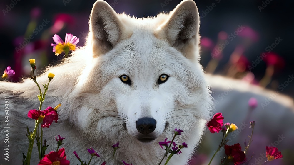 White Wolf Amidst Flowers Stock Photo | Adobe Stock