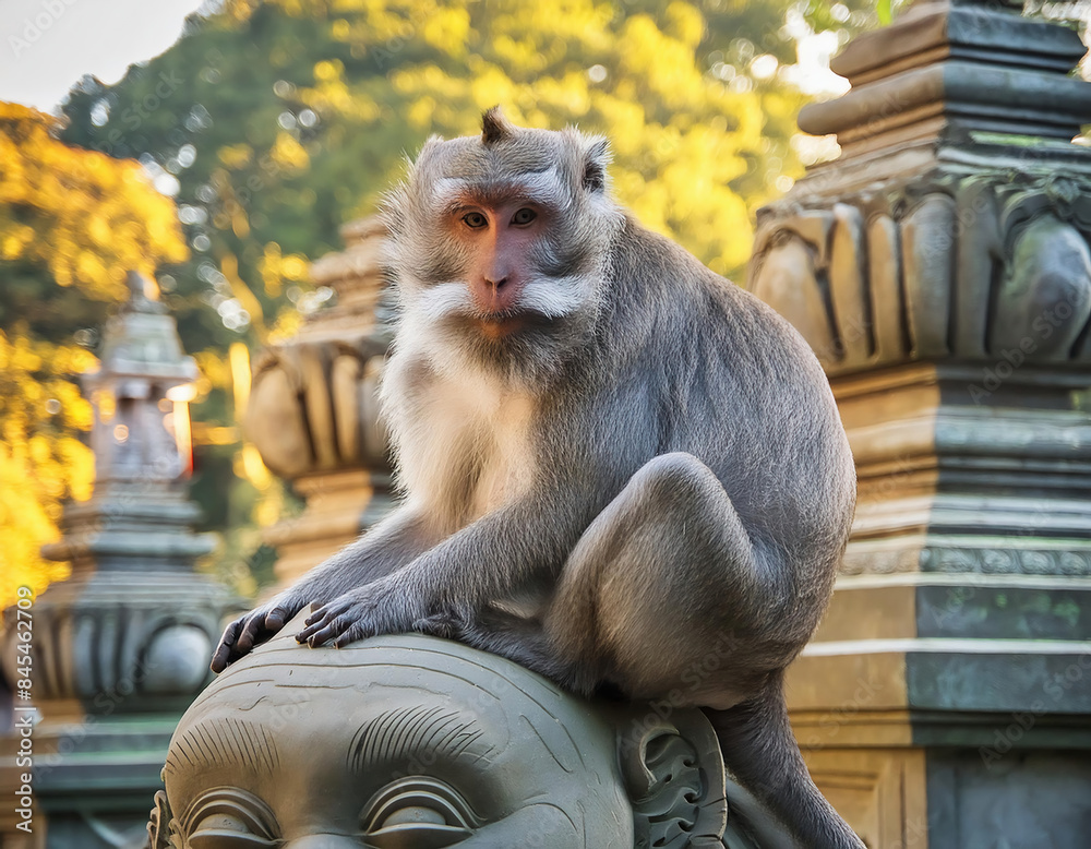 Macaque monkey playing on a buddist god statue in a temple ruins in ...