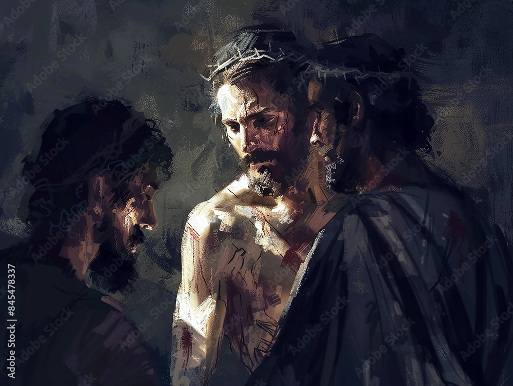 The implausibility of St Thomas. The doubting Thomas. Jesus showing his ...