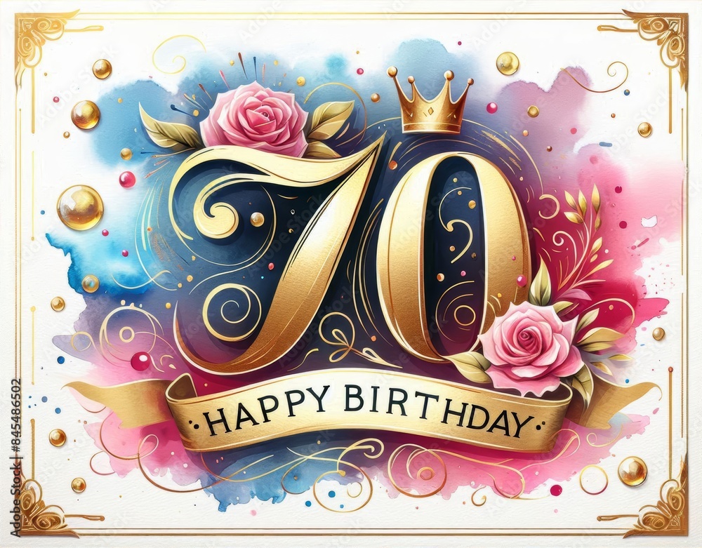 Elegant 70th birthday card: gold lettering, pink roses, festive crown ...
