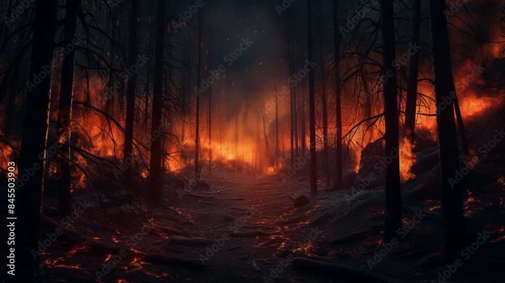 Raging wildfire engulfing a dense forest, with flames leaping from the trees and smoke billowing ...