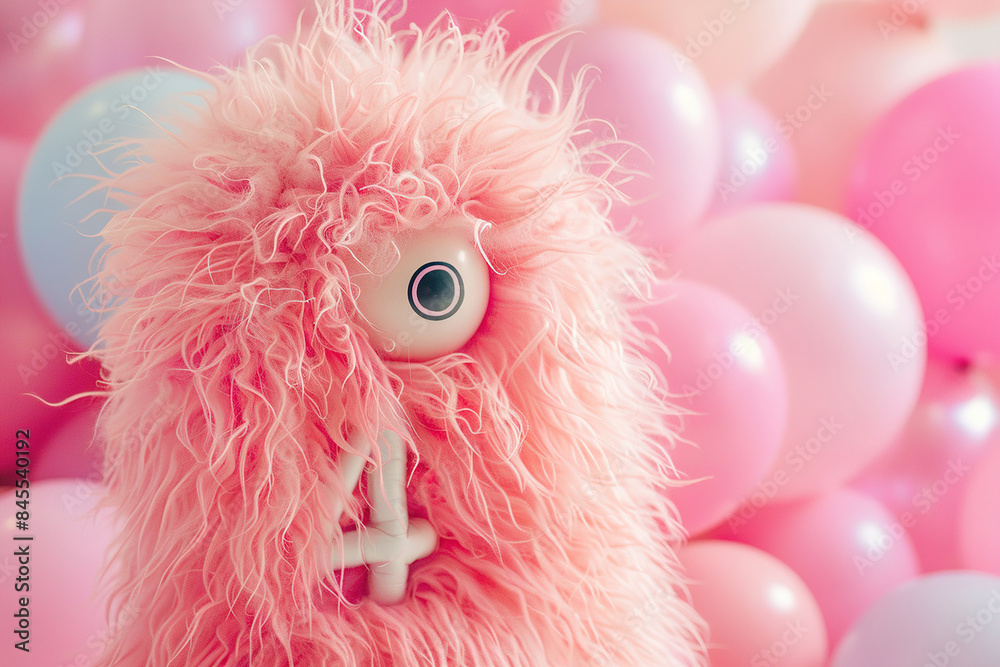 Pink, fluffy monster with number four, blurred balloons on the ...