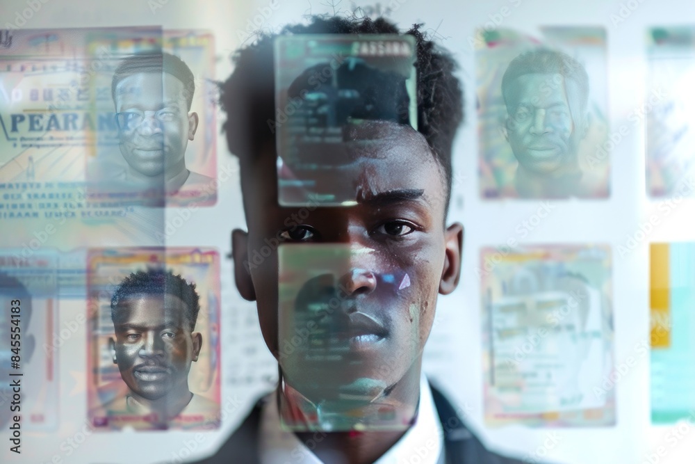 Serious man behind layered ID cards, identification photo, passport ...