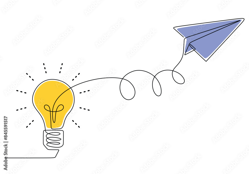Paper plane craft with light bulb in continuous line drawing. Vector ...