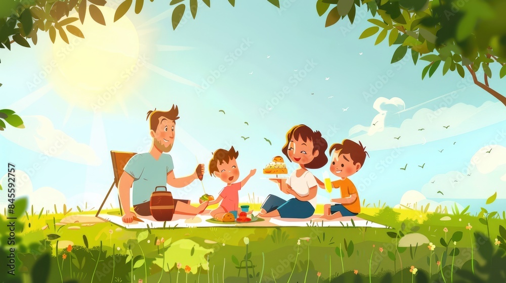 Cartoon family enjoying a picnic under a clear sky with a healthy ozone ...