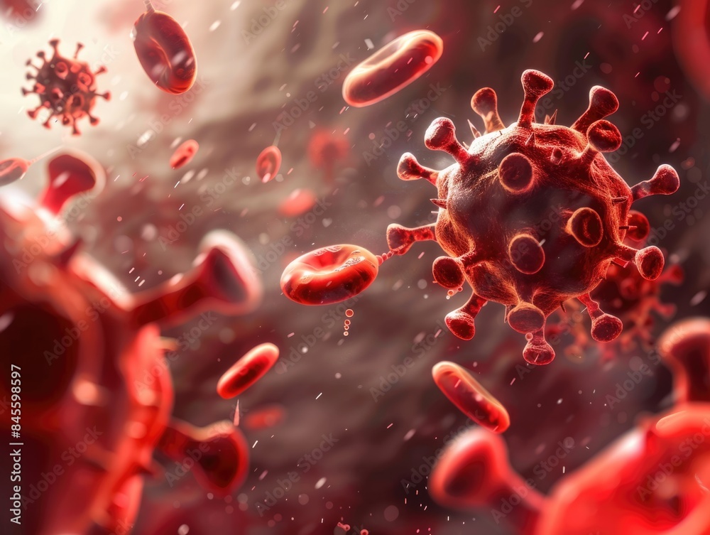 3D depiction of pathogens invading cells, close up, infectious disease ...
