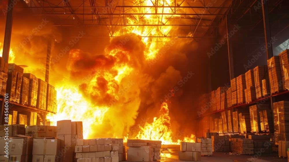 In a warehouse packed with boxes, a fire spreads quickly, endangering ...