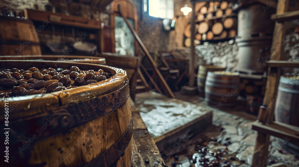 The process of pressing olives to extract oil in an old mill. Olives ...