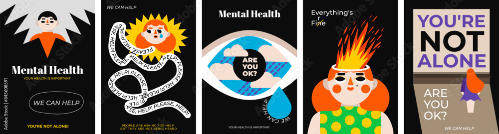 A collection of posters about mental health, emotional burnout ...