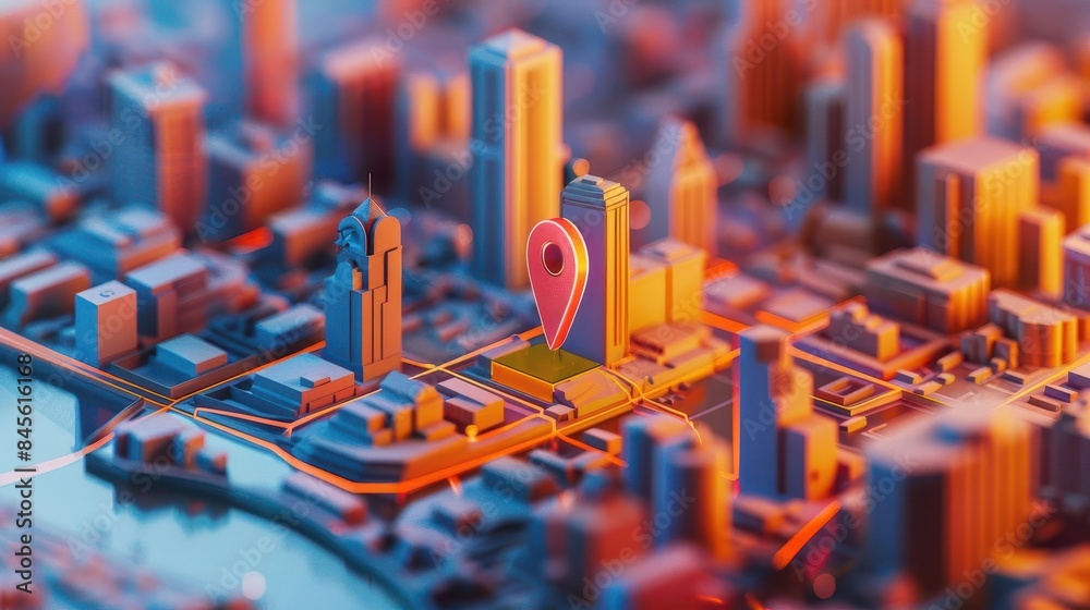 stylized miniature city model with large geo pin urban geofencing ...