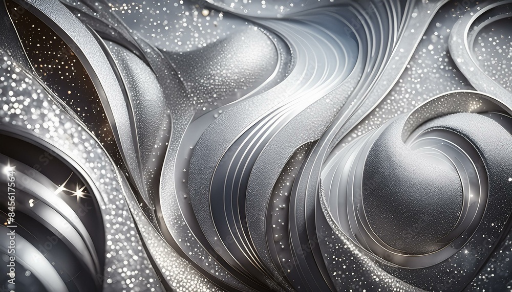 Abstract sparkling silver glitter background with curved lines, shapes ...