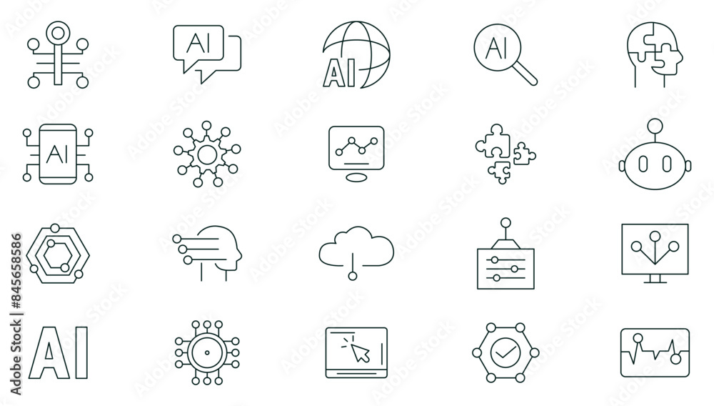 Artificial intelligence line icon collection. AI technology, Machine learning, smart robotic ...