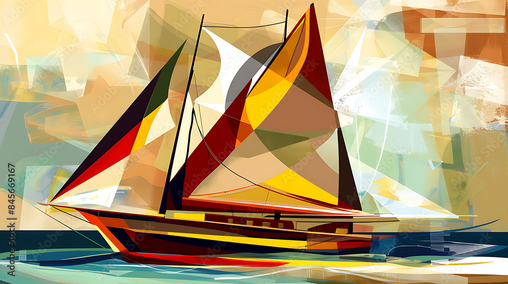 vintage yacht in cubism art Stock Illustration | Adobe Stock