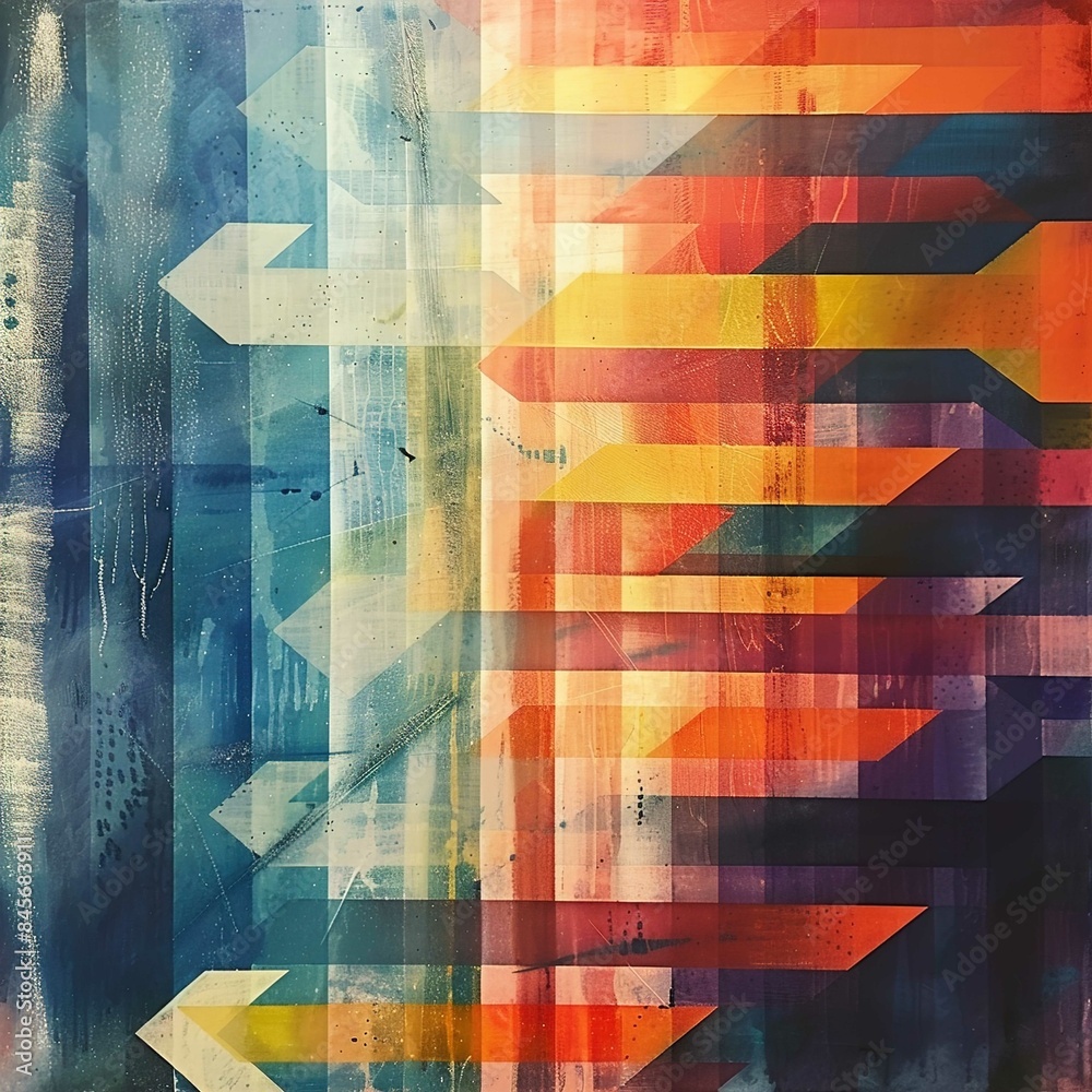 A vibrant geometric abstract art piece features a series of overlapping ...
