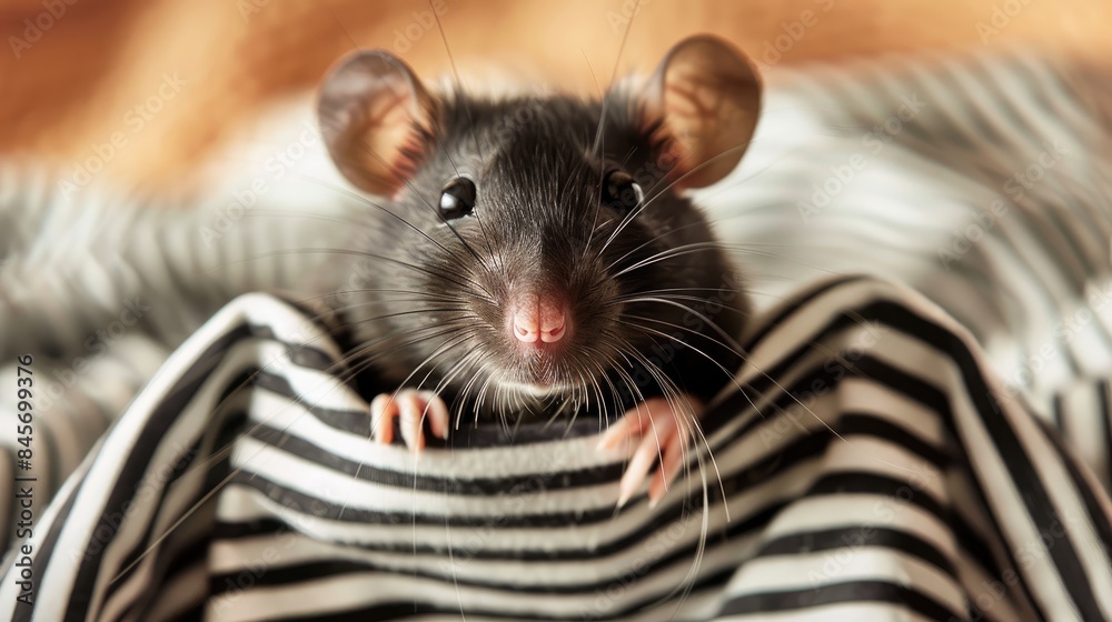Intriguing image of a cunning black mouse in a striped shirt, using ...