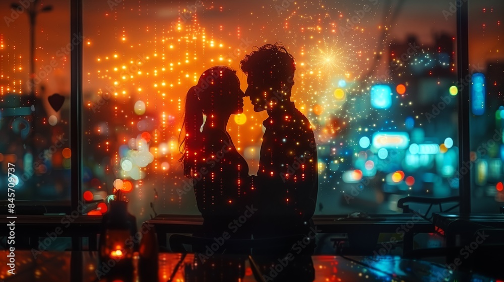 A romantic couple stands silhouetted against a window with a city ...