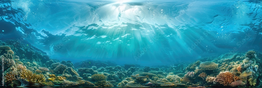 Sunlight breaks through the surface of the blue ocean, a sea with dark ...