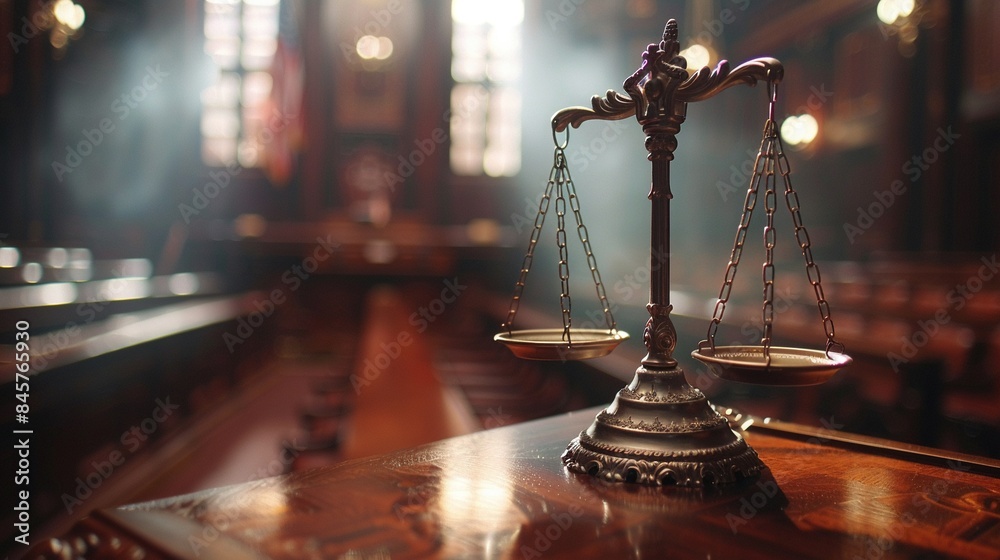 Judges desk with scales of justice in an emotional courtroom setting ...