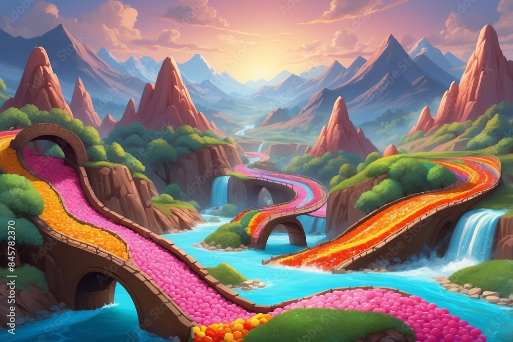 Magical Landscape with Rolling Chocolate Hills: Gummy Bear Trees, Candy ...