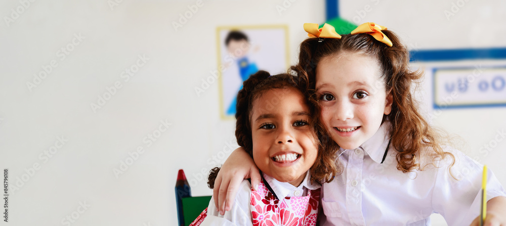 Pre school children having fun smiling on camera at kindergarten ...