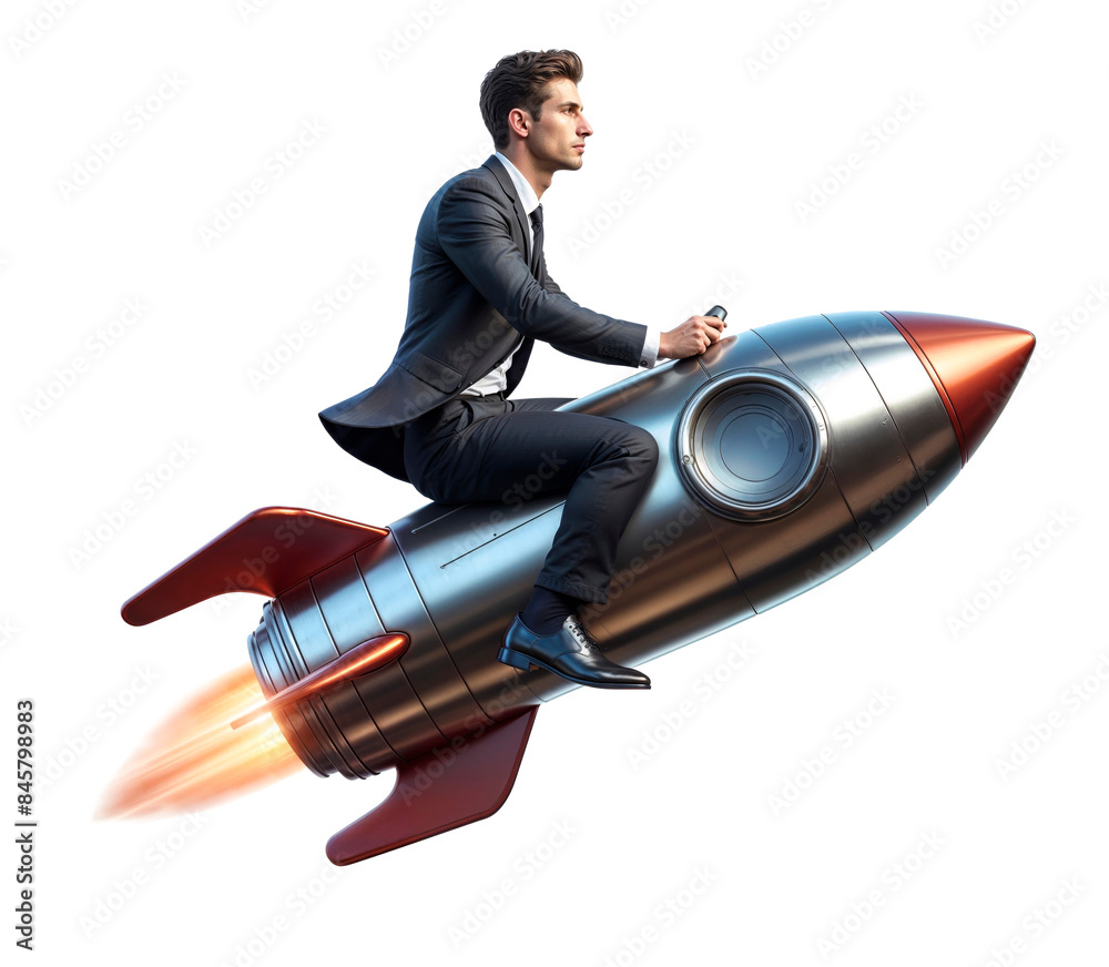 Businessman riding a rocket isolated on transparent background. Growth ...