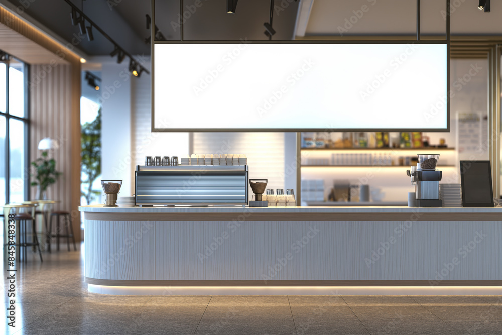 Modern cafe storefront in food court featuring sleek counter and large ...