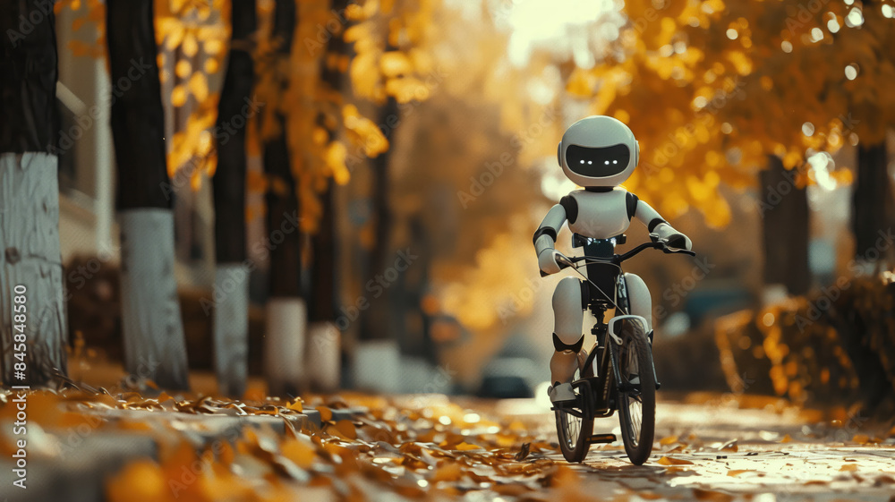 Happy humanoid robot rides a bicycle along the autumn alley. Robotic ...