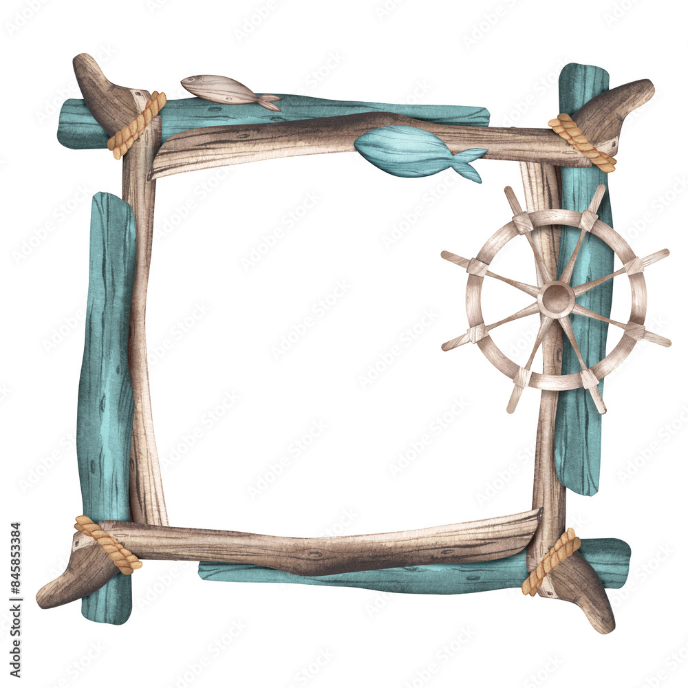 Colored driftwood with a steering wheel and fish. Watercolor ...