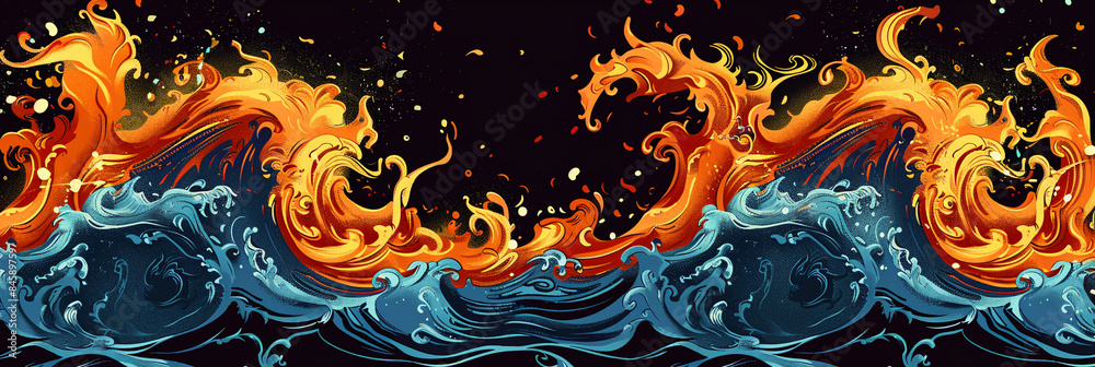 A cartoon vector illustration of flames on top of an ocean wave, in the ...