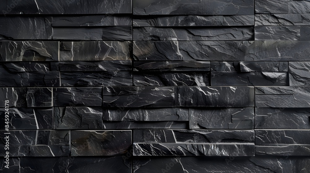 Black slate stone wall texture. Dark and rough surface background for interior design and ...