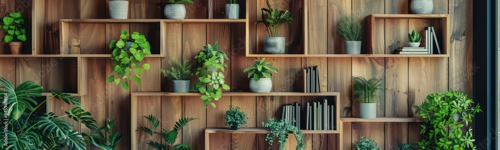 Wooden bookshelves with hardback overturned books in white interior ...