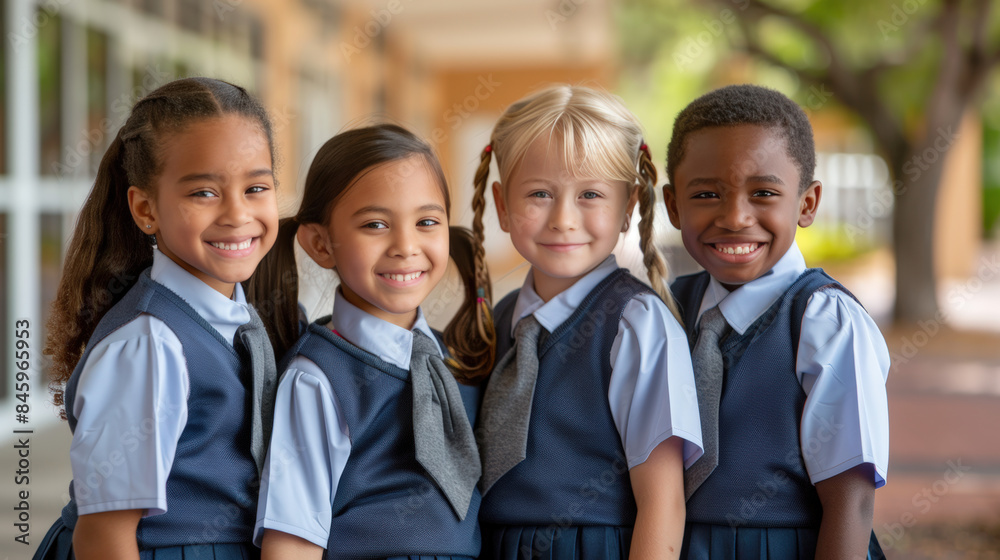 Four happy elementary school students smiling together outside their ...